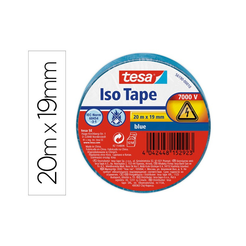 CINTA ADHESIVA AISLANTE TESA 20 MT X 19 MM COLOR AZUL